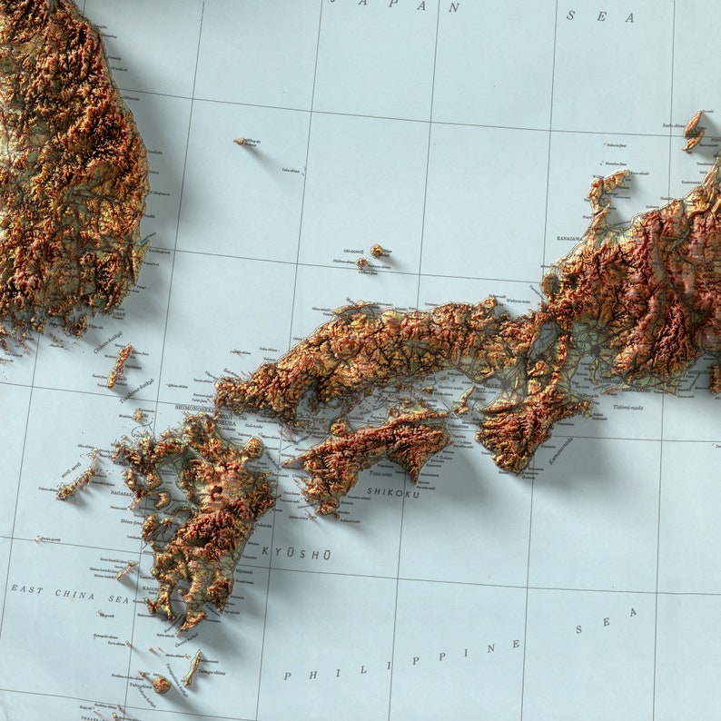 Japan Topographic Map of 1945 2D Poster Shaded Relief Map, Fine Art ...
