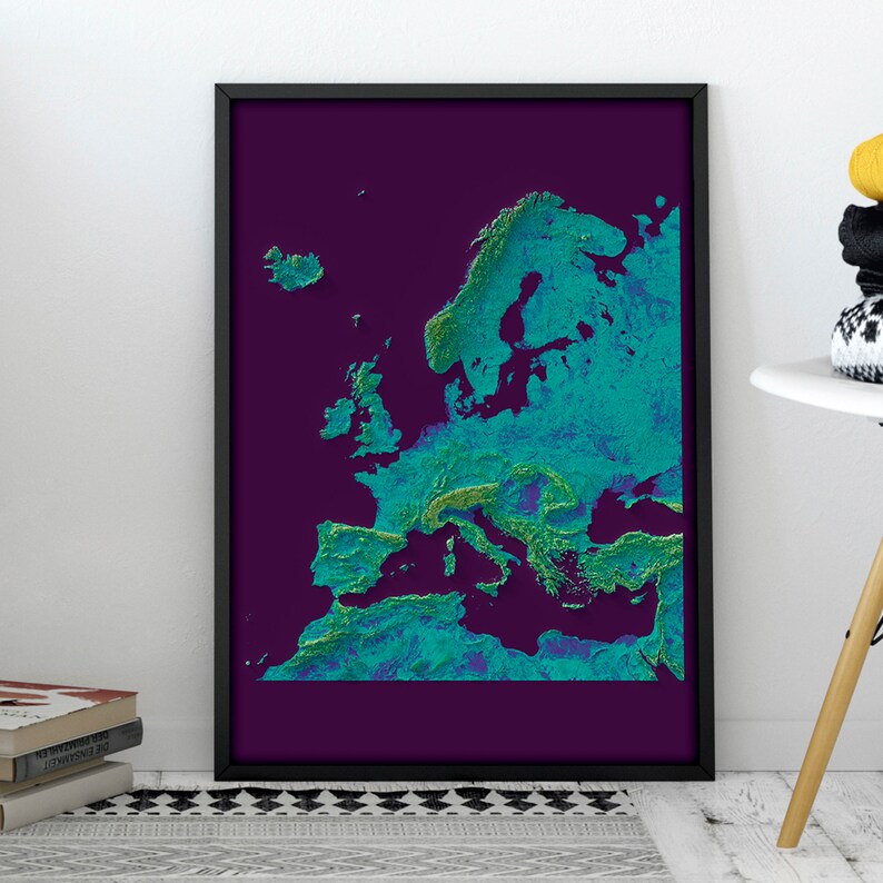 Europe Elevation Map viridis 2D Poster Shaded Relief Map, Fine Art Wall ...
