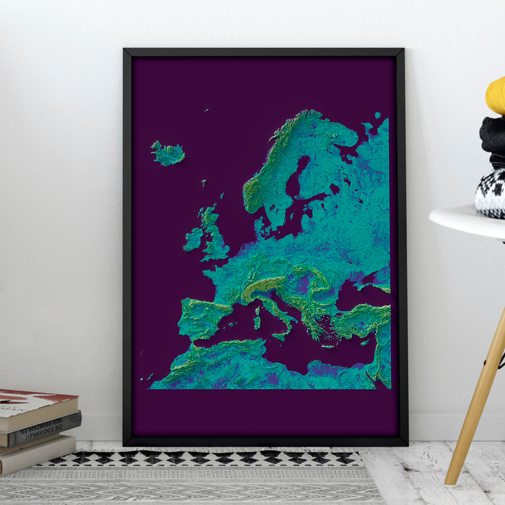Europe Elevation Map viridis 2D Poster Shaded Relief Map, Fine Art Wall ...