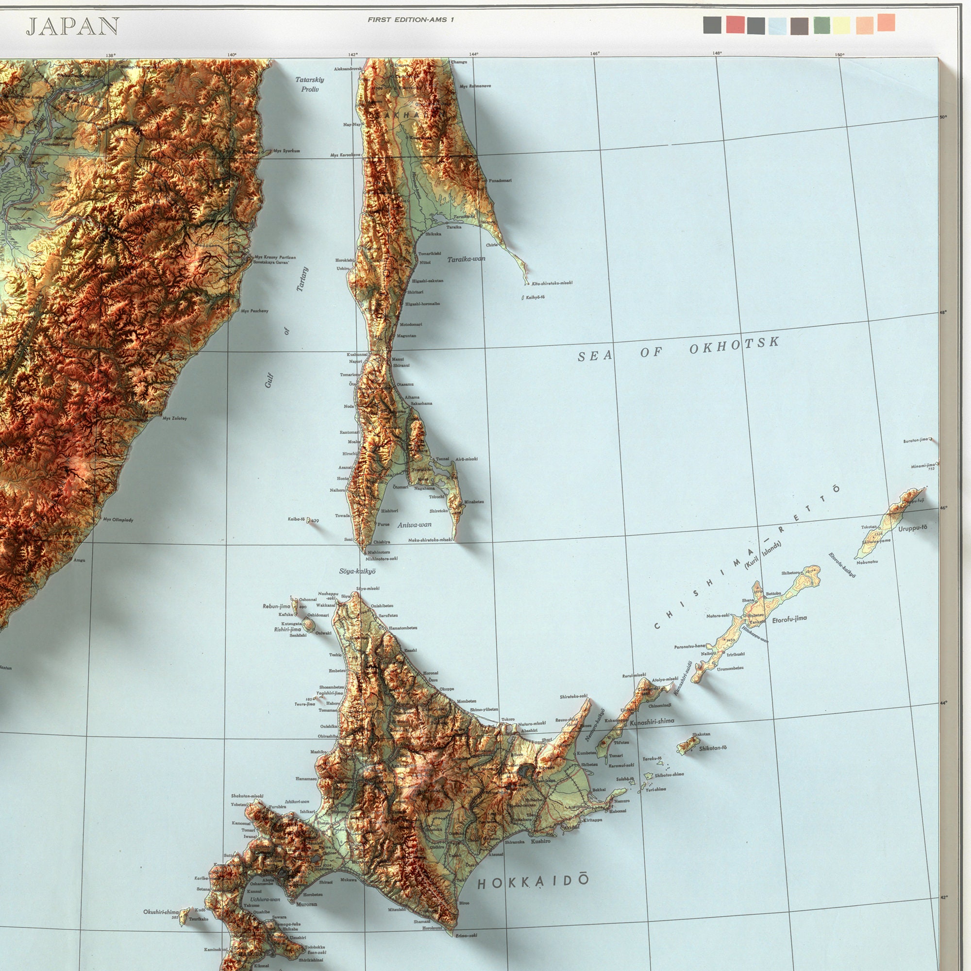Japan Topographic Map of 1945 - 2D Poster Shaded Relief Map, Fine Art ...