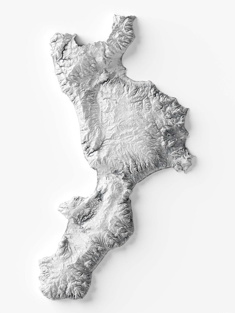 Calabria (italy) Elevation Map (white) - 2D Poster Shaded Relief Map ...