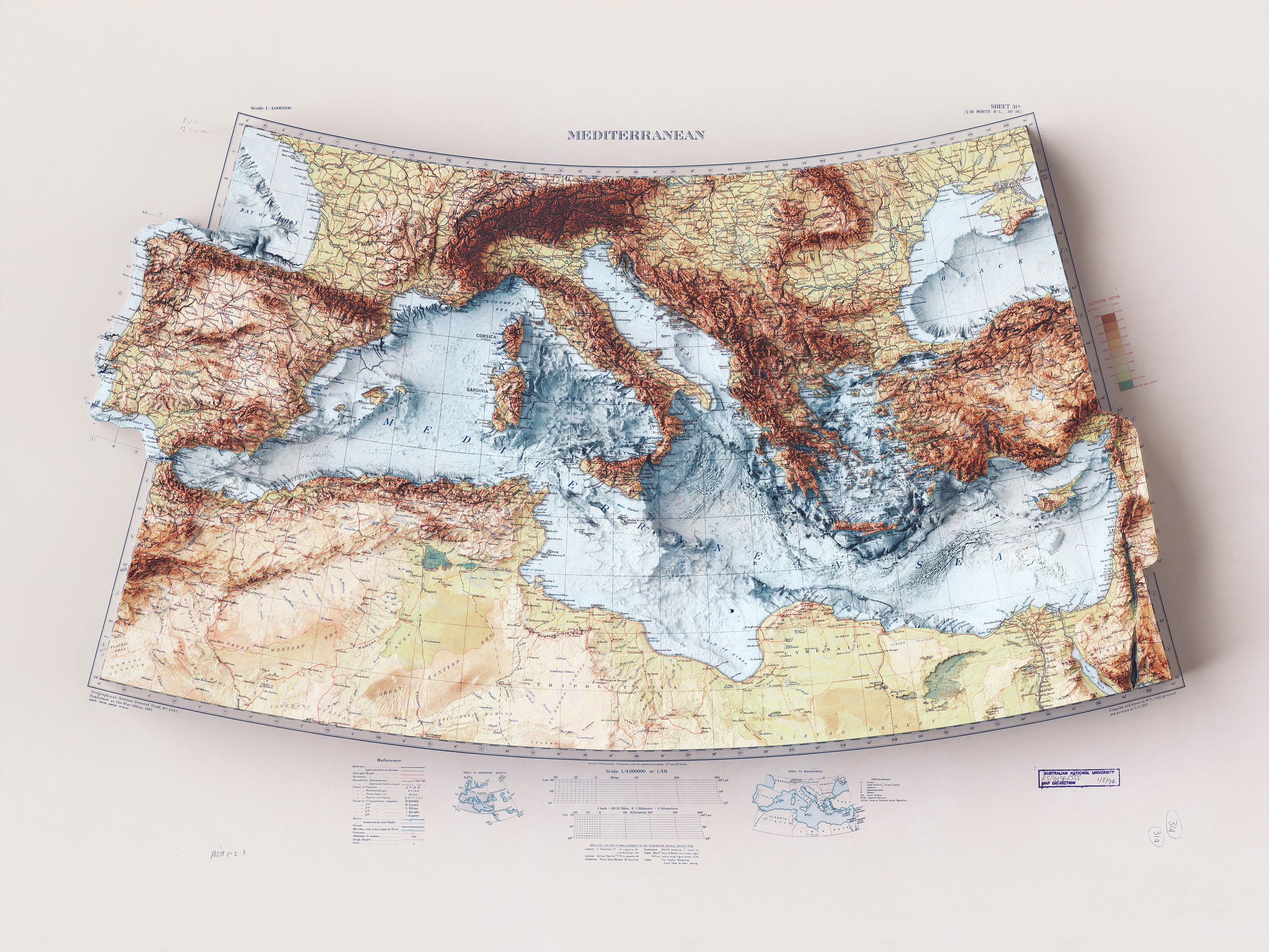 Mediterranean Sea Bathymetric Topographic Map of 1837 2D Poster Shaded ...