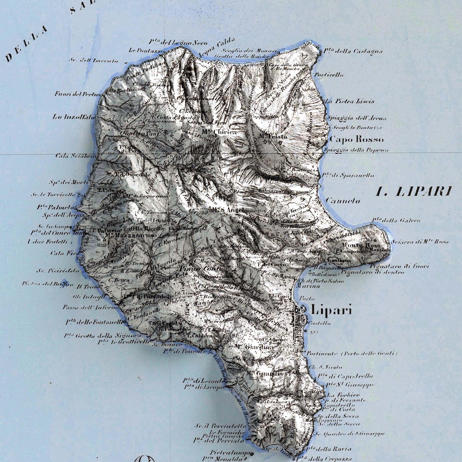 Lipari (italy) 1873 Topographic Map: Vintage Flat Shaded Relief Print ...