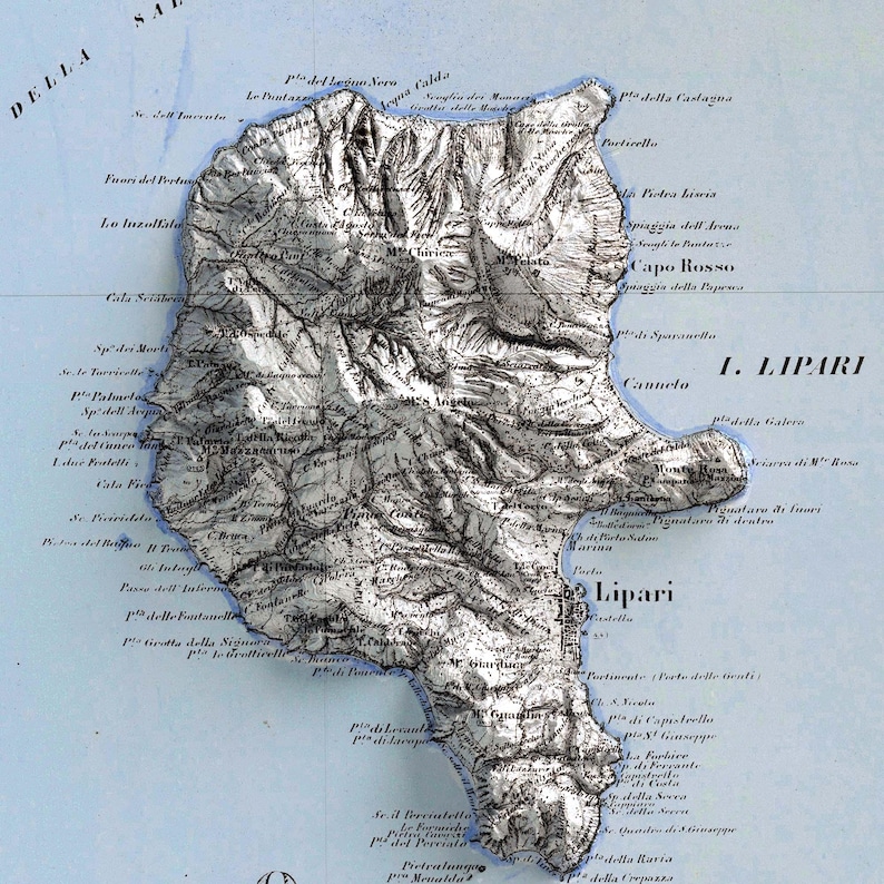 Lipari (italy) 1873 Topographic Map: Vintage Flat Shaded Relief Print ...