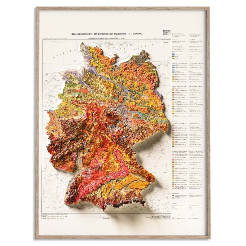 Germany Soil Map of 1995 2D Poster Shaded Relief Map, Fine Art Wall ...