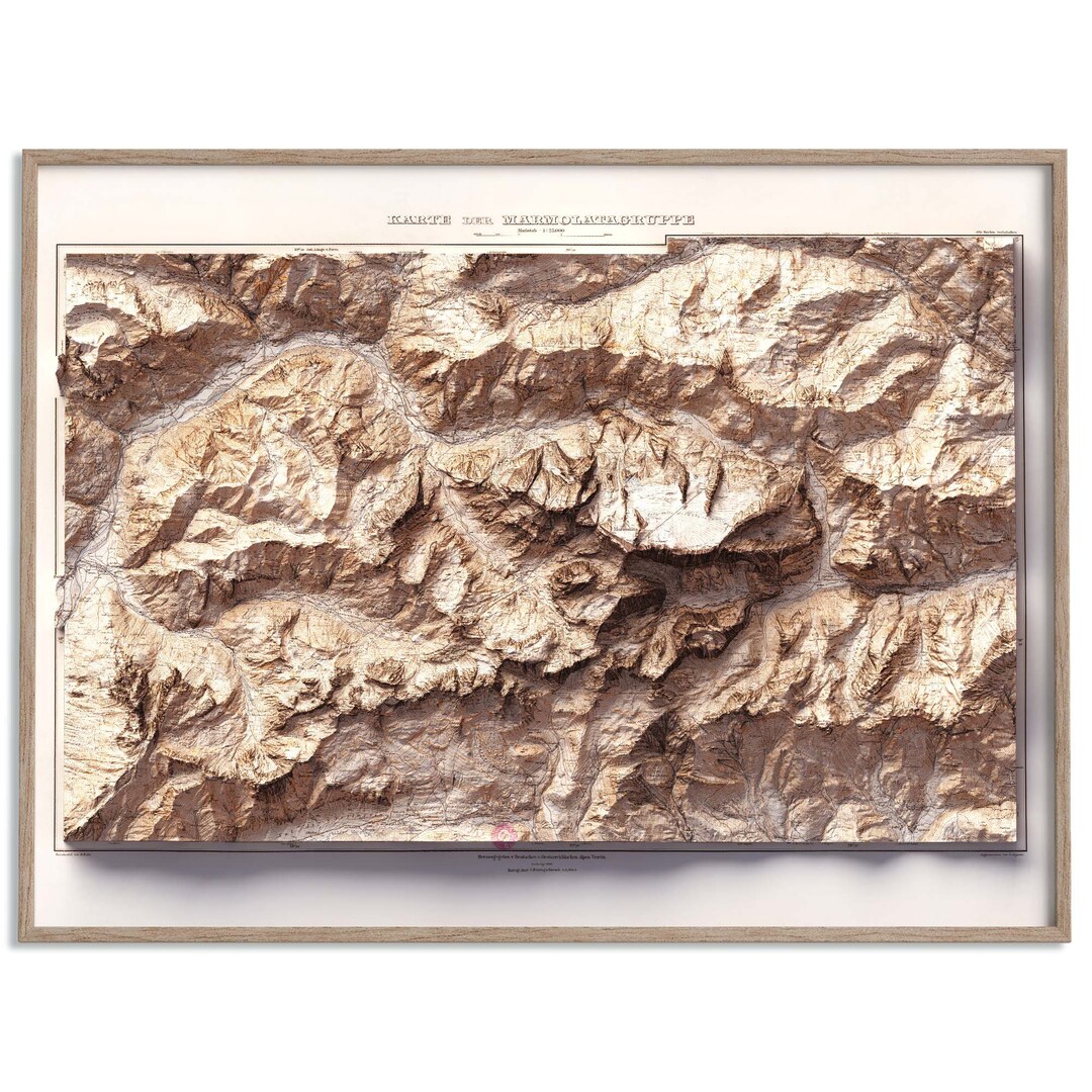 Marmolada (italy) Topographic Map of 1926 - 2D Poster Shaded Relief Map ...