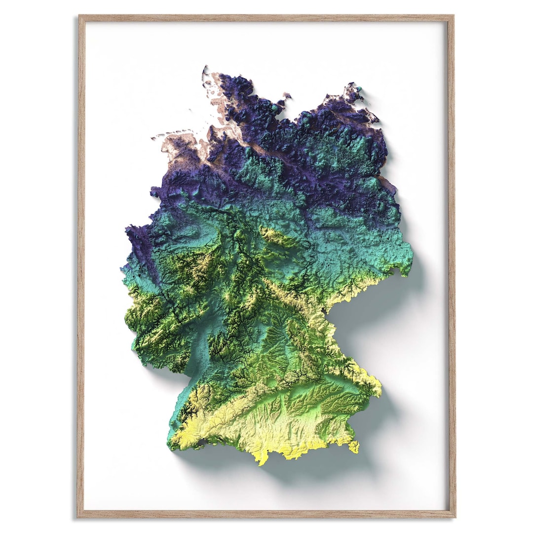 Germany Elevation Map (viridis) - 2D Poster Shaded Relief Map, Fine Art ...