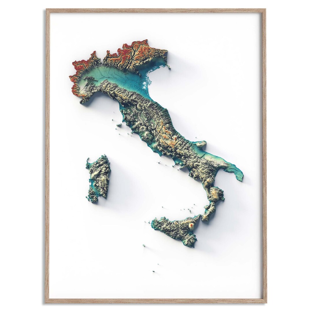 Italy Elevation Map (spectral) - 2D Poster Shaded Relief Map, Fine Art ...