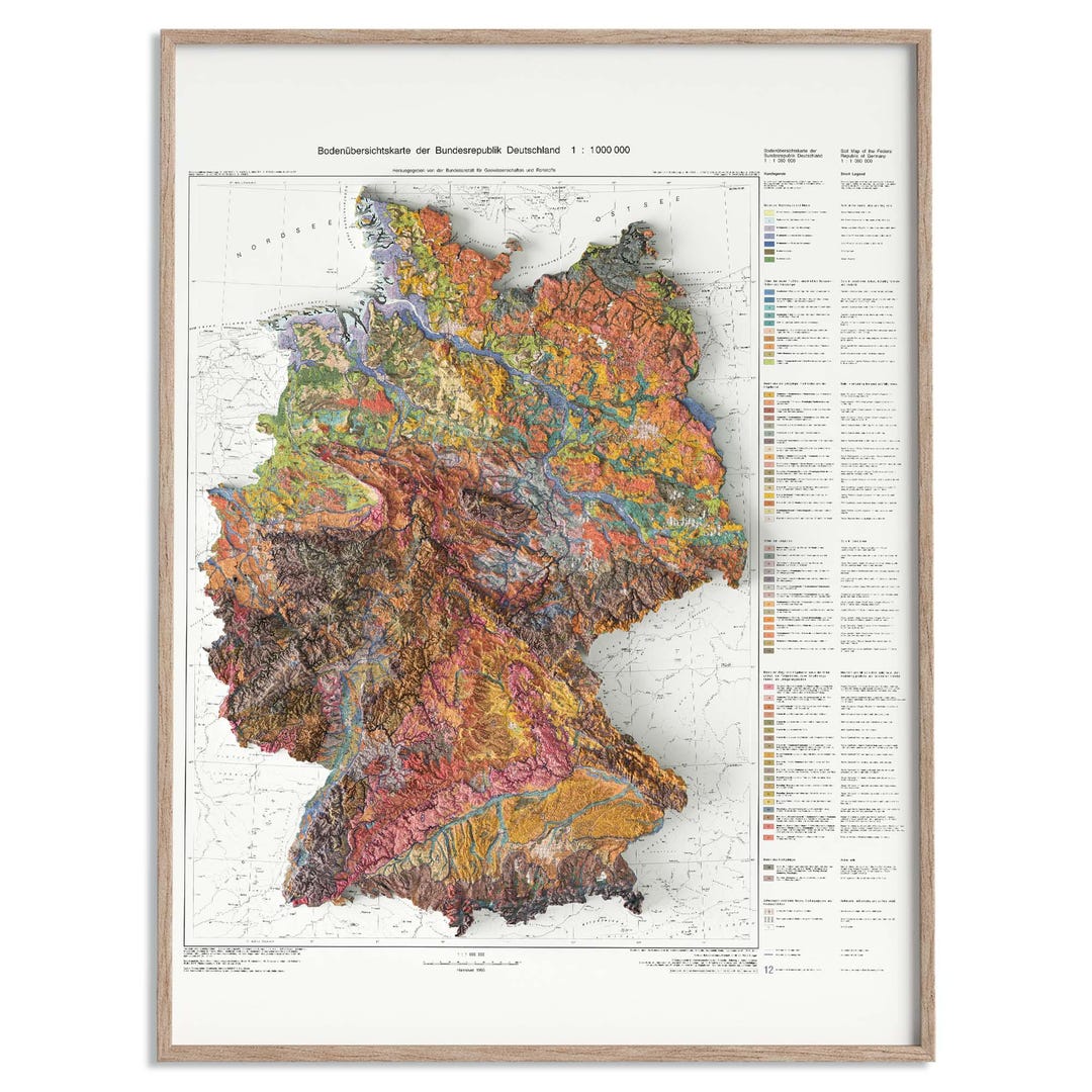 Germany Soil Map of 1995 - 2D Poster Shaded Relief Map, Fine Art Wall ...