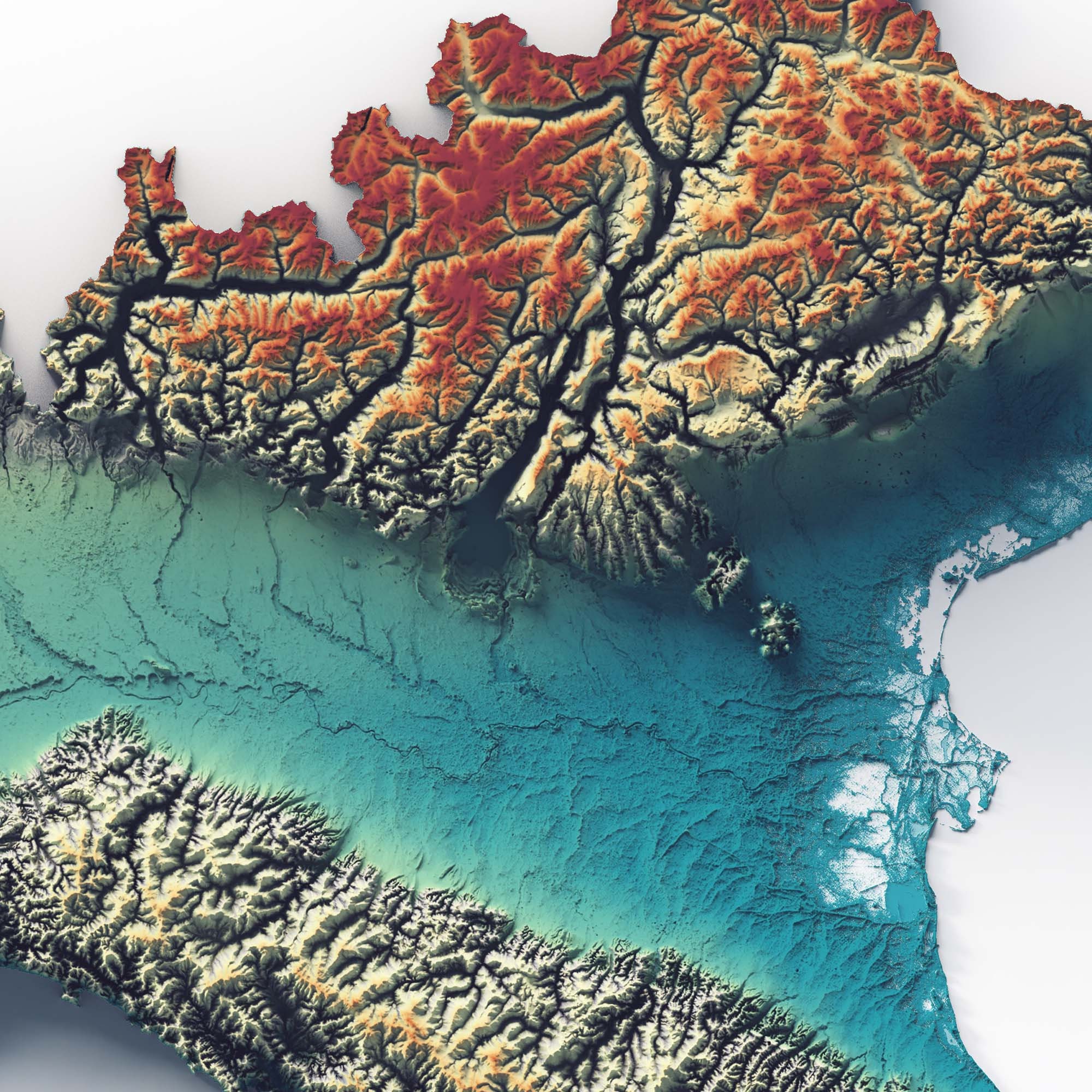Italy Elevation Map (spectral) - 2D Poster Shaded Relief Map, Fine Art ...