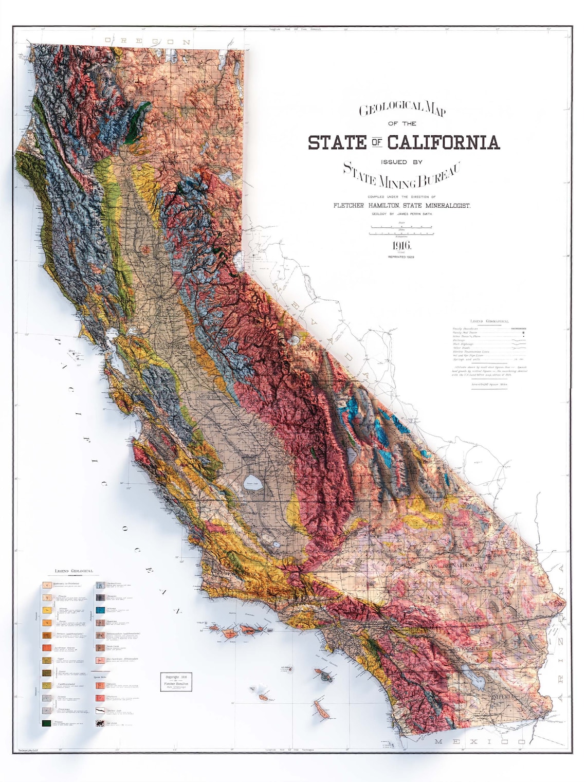 California (USA) 1916 Geological Map: Vintage Flat Shaded Relief Print ...