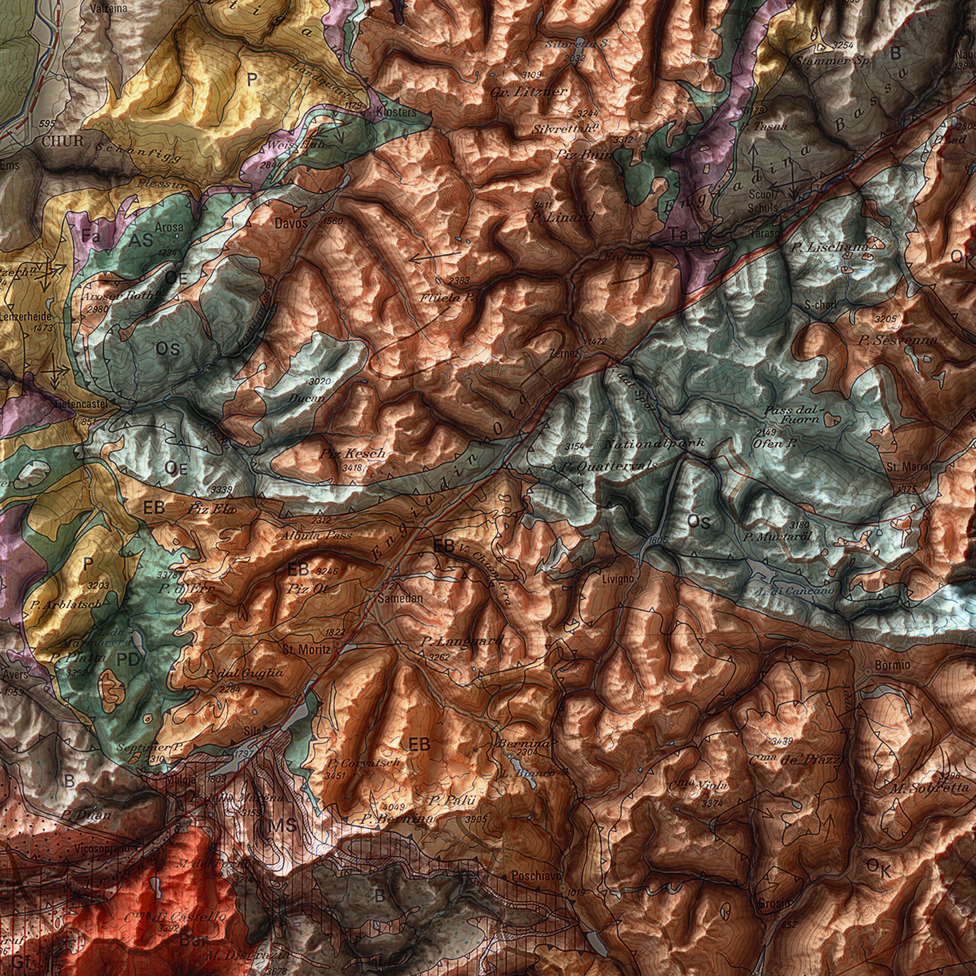 Switzerland 1972 Geological Map: Vintage Flat Shaded Relief Print Art ...