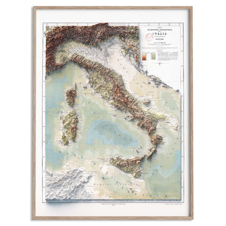 Italy Topographic Map of 1888 - 2D Poster Shaded Relief Map, Fine Art ...