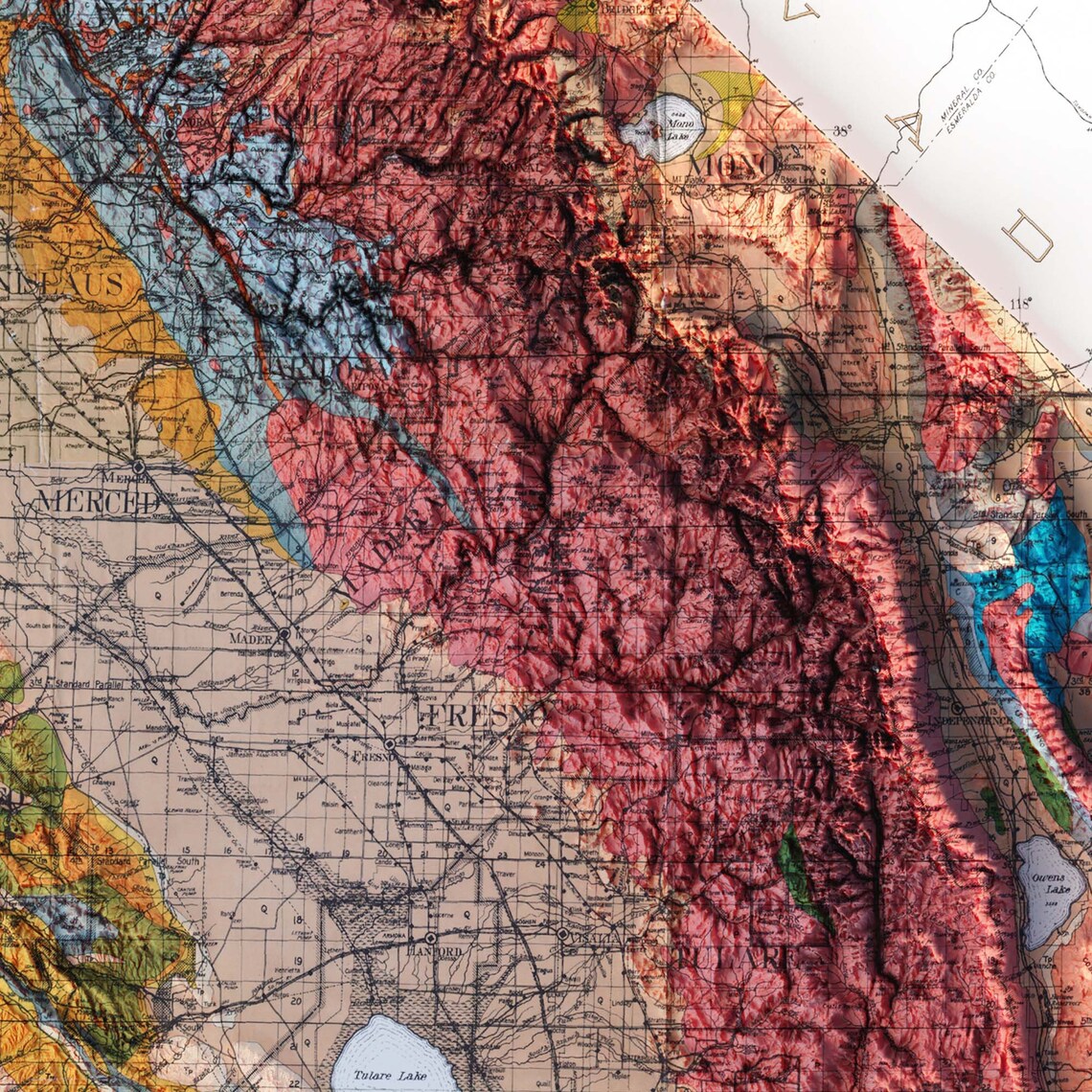 California (USA) 1916 Geological Map: Vintage Flat Shaded Relief Print ...