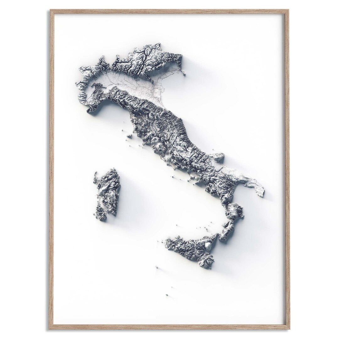 Italy Elevation Map (white) - 2D Poster Shaded Relief Map, Fine Art ...