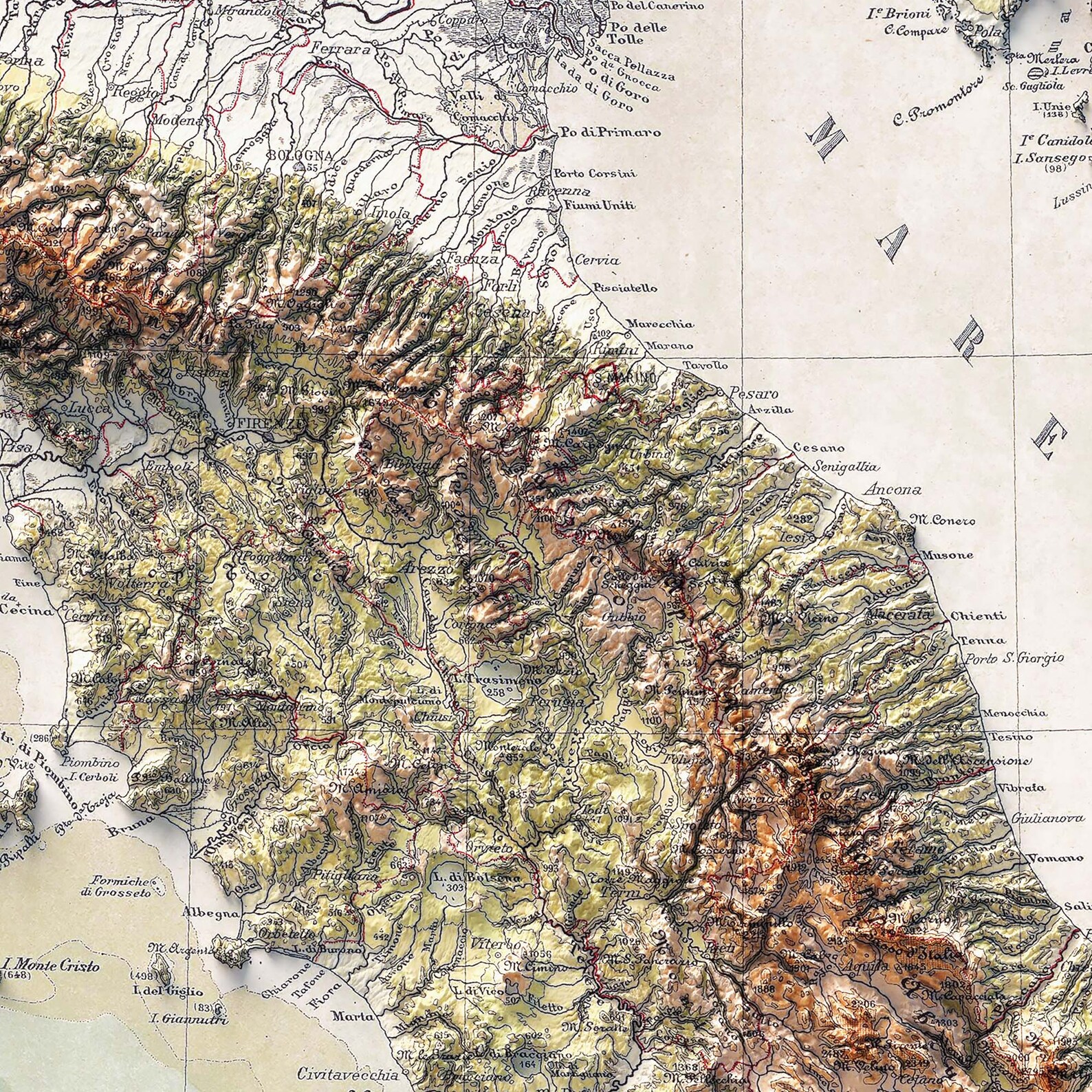Italy Topographic Map of 1888 - 2D Poster Shaded Relief Map, Fine Art ...