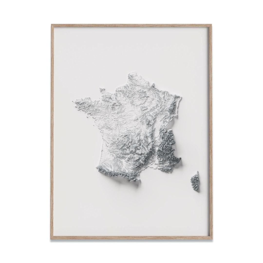 France Elevation Map white 2D Poster Shaded Relief Map, Fine Art Wall ...
