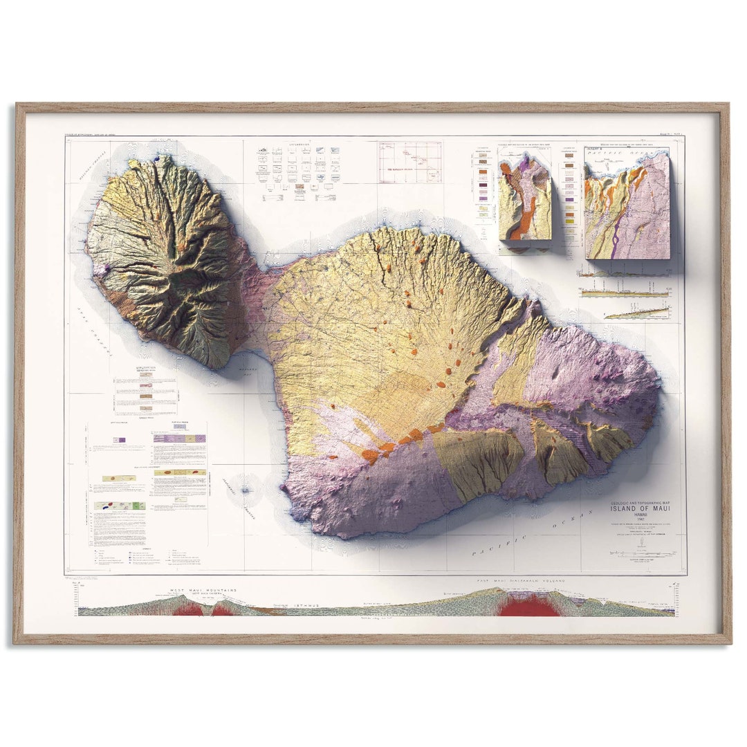 Maui (hawaii, USA) Geological Map of 1942 - 2D Poster Shaded Relief Map ...