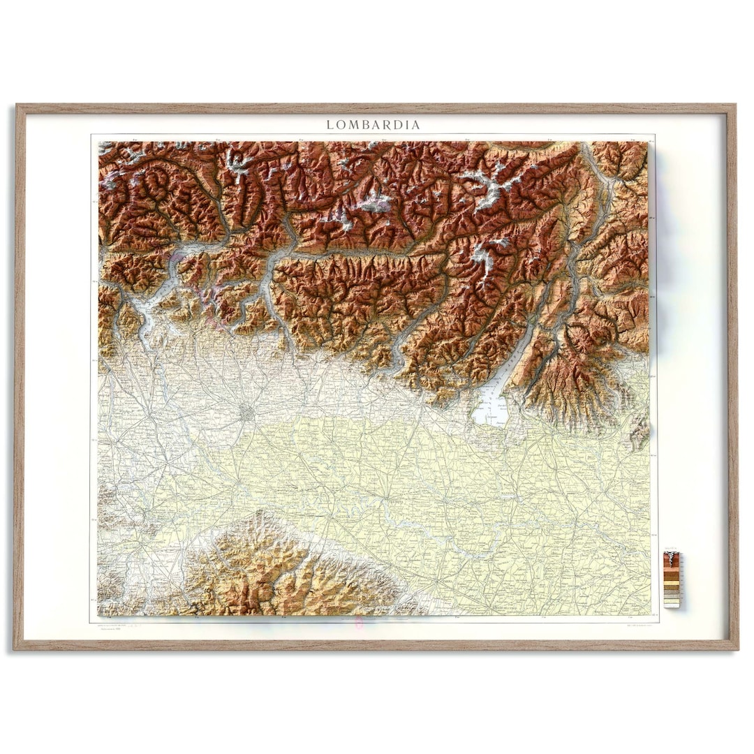 Lombardy (italy) Topographic Map of 1935 - 2D Poster Shaded Relief Map ...