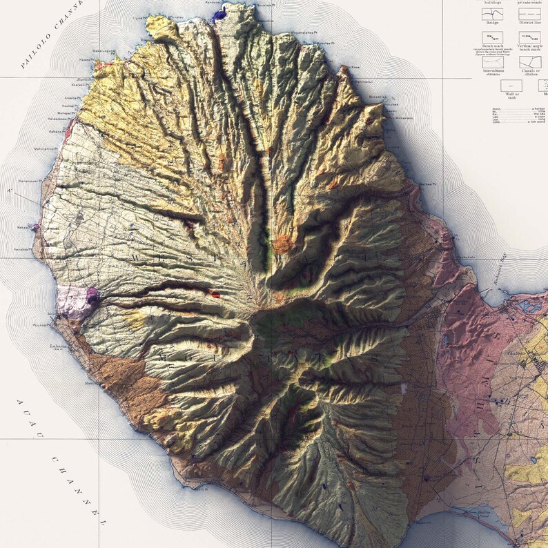 Maui (hawaii, USA) 1942 Geological Map: Vintage Flat Shaded Relief ...