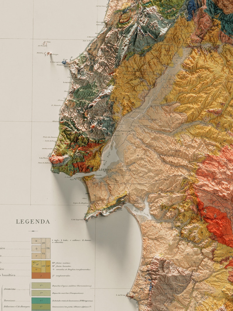 Portugal Geological Map of 1899 2D Poster Shaded Relief Map, Fine Art ...