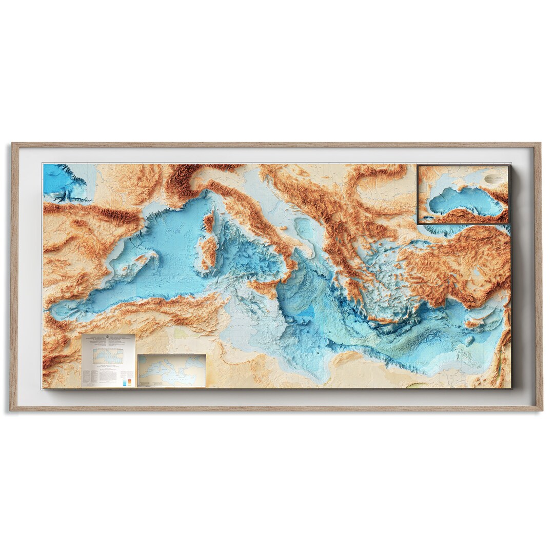 Mapa topográfico batimétrico del mar Mediterráneo de 1981: póster 2D ...