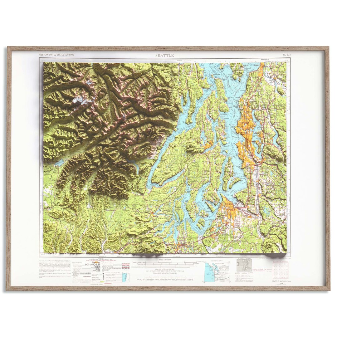 Seattle (washington, USA) Topographic Map of 1958 - 2D Poster Shaded ...