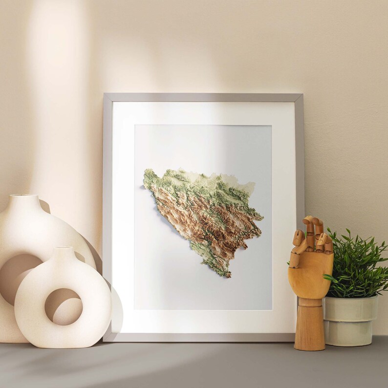 Bosnia and Herzegovina Elevation Map (geo) - 2D Poster Shaded Relief Map, Fine Art Wall Decor ...