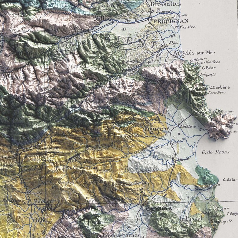 Pyrenees france, Spain Geological Map of 1891 2D Poster Shaded Relief ...