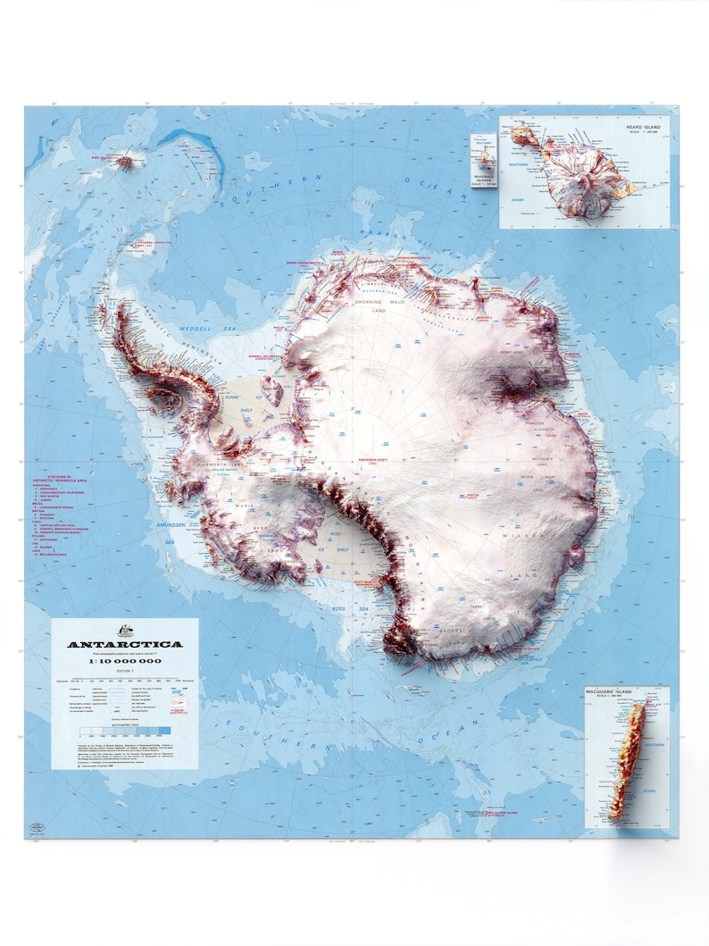 Antarctica Topographic Map of 1986 2D Poster Shaded Relief Map, Fine ...