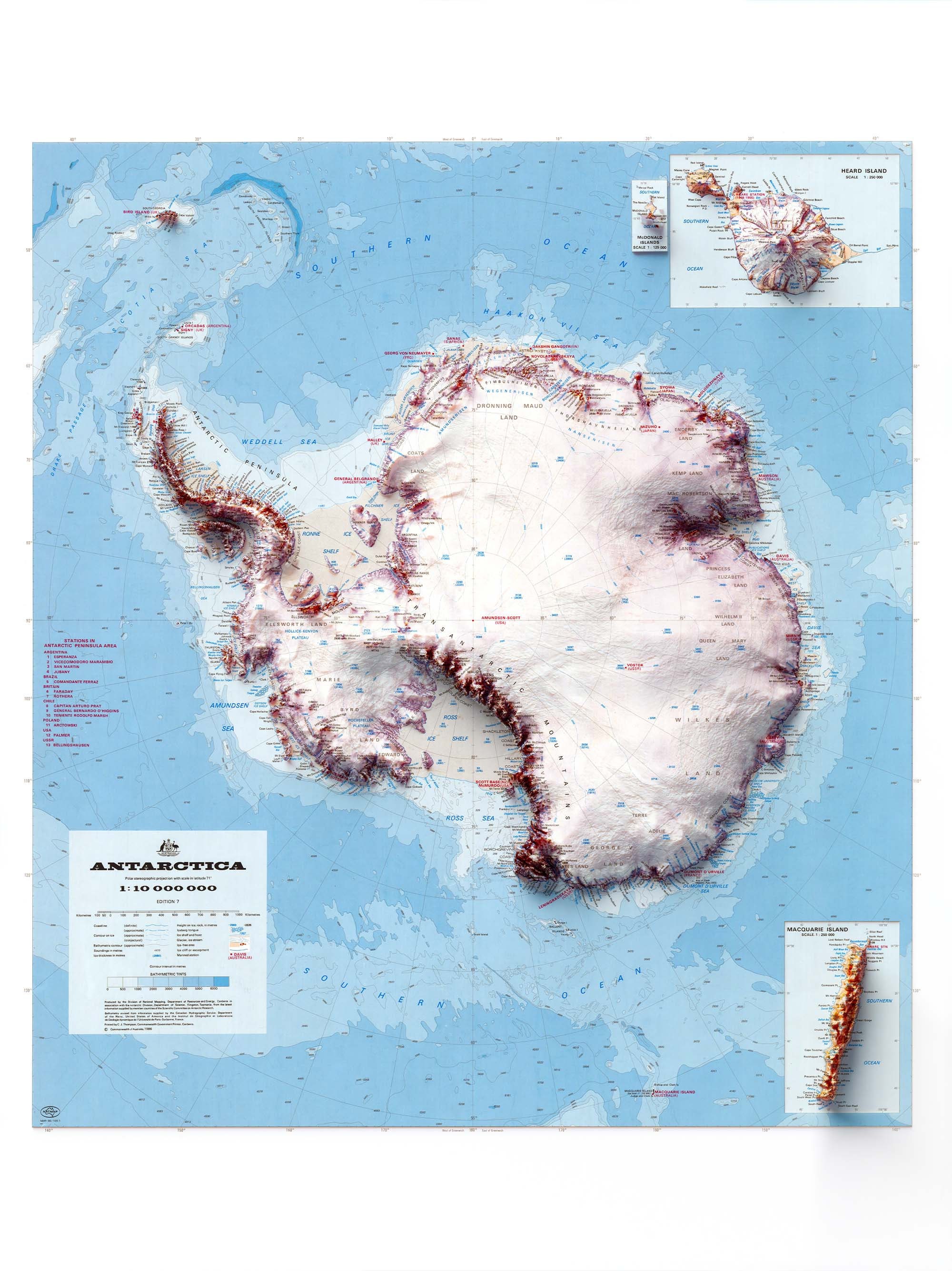 Antarctica Topographic Map of 1986 2D Poster Shaded Relief Map, Fine ...