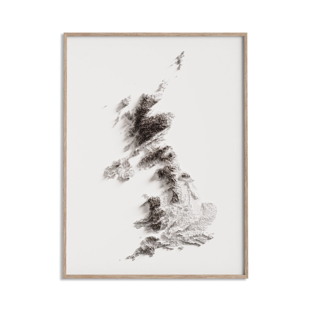 United Kingdom Elevation Map white 2D Poster Shaded Relief Map, Fine ...