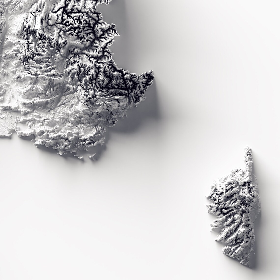 France Elevation Map (white) - 2D Poster Shaded Relief Map, Fine Art ...
