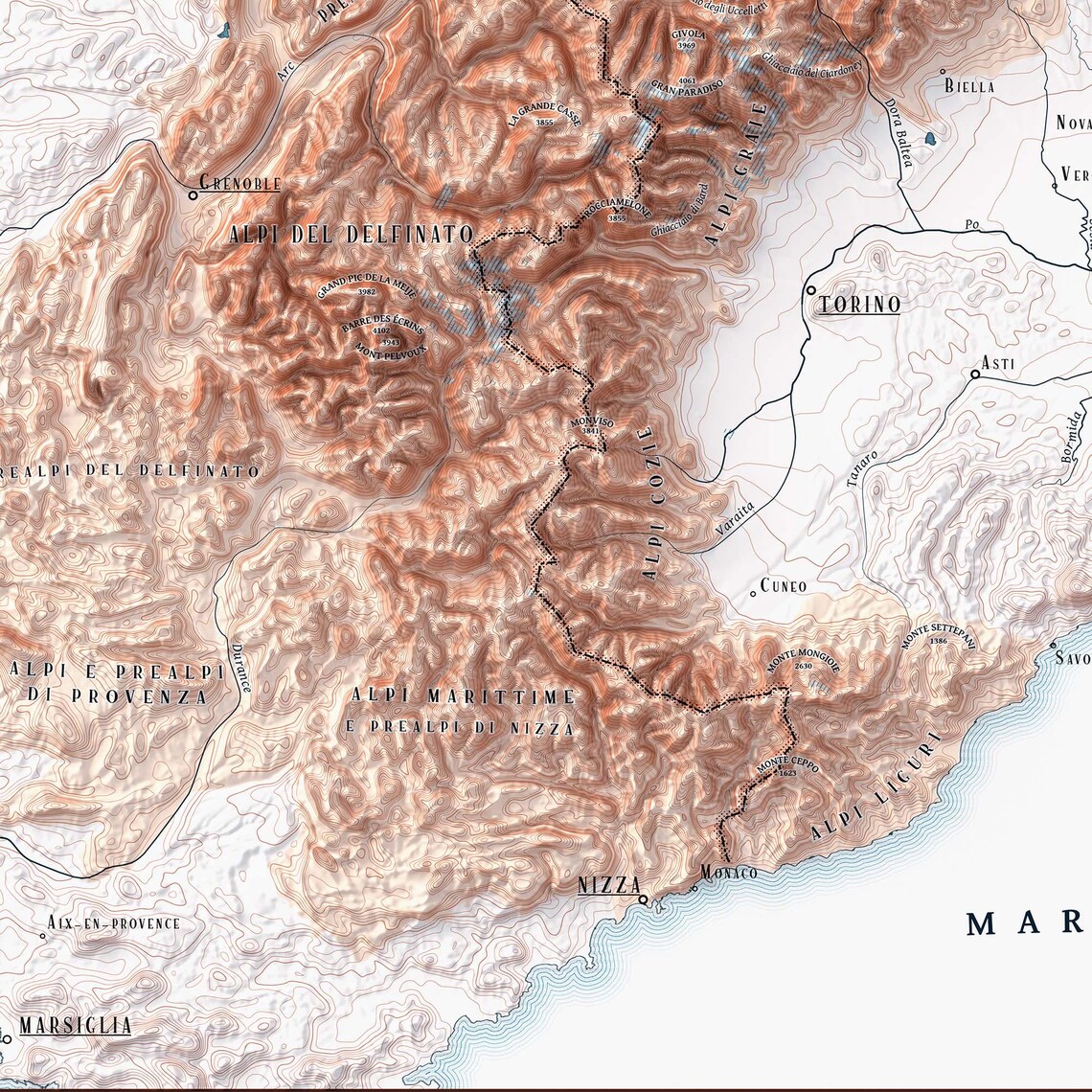 Alps Topographic Map of 2025 - 2D Poster Shaded Relief Map, Fine Art ...