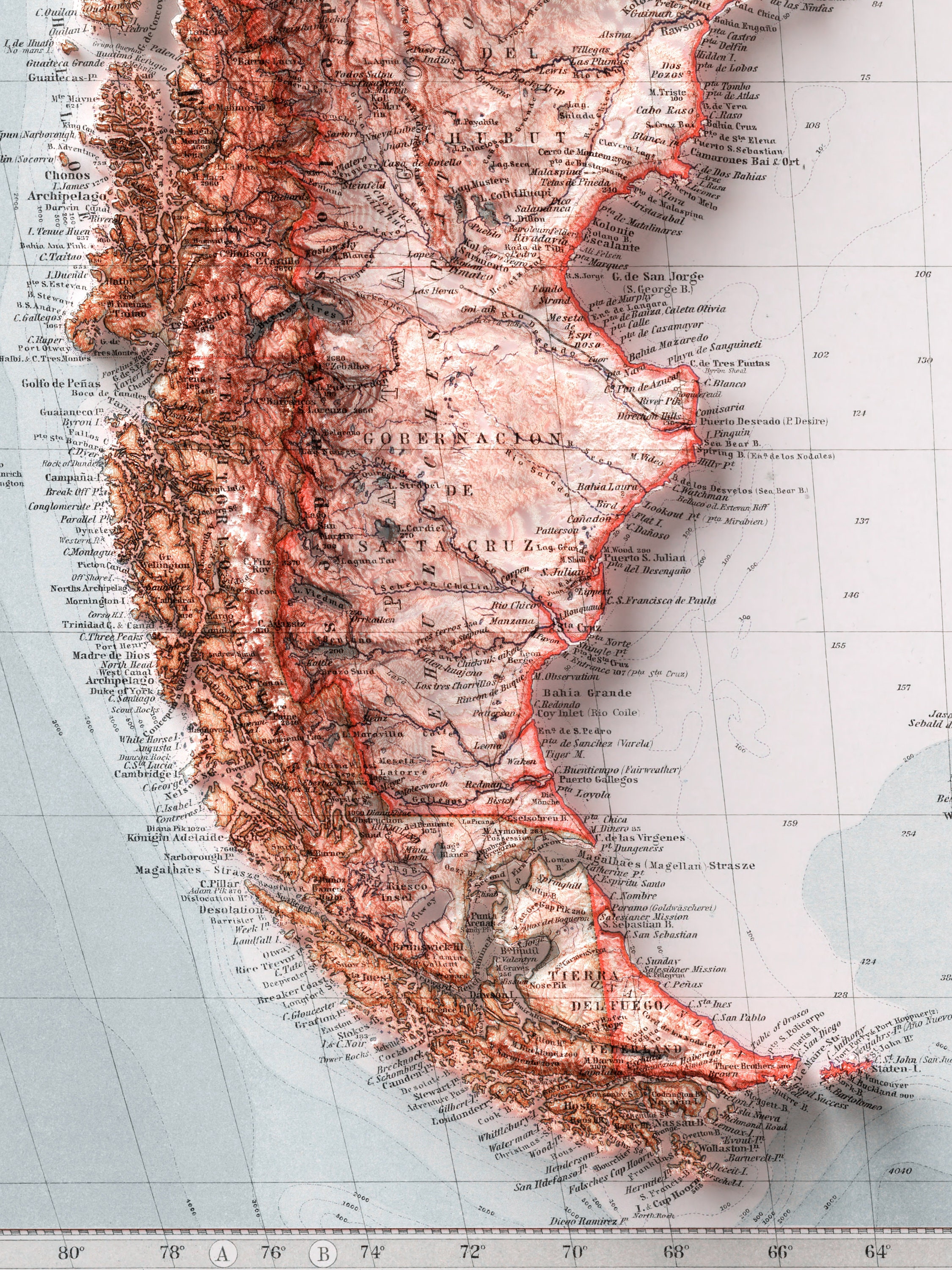 Patagonia Topographic Map of 1925 2D Poster Shaded Relief Map, Fine Art ...