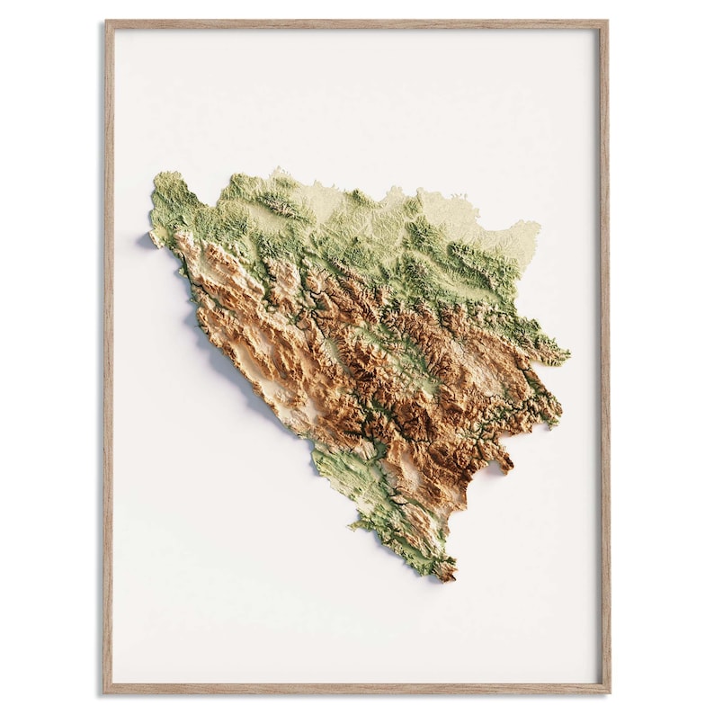Bosnia and Herzegovina Elevation Map (geo) - 2D Poster Shaded Relief Map, Fine Art Wall Decor ...