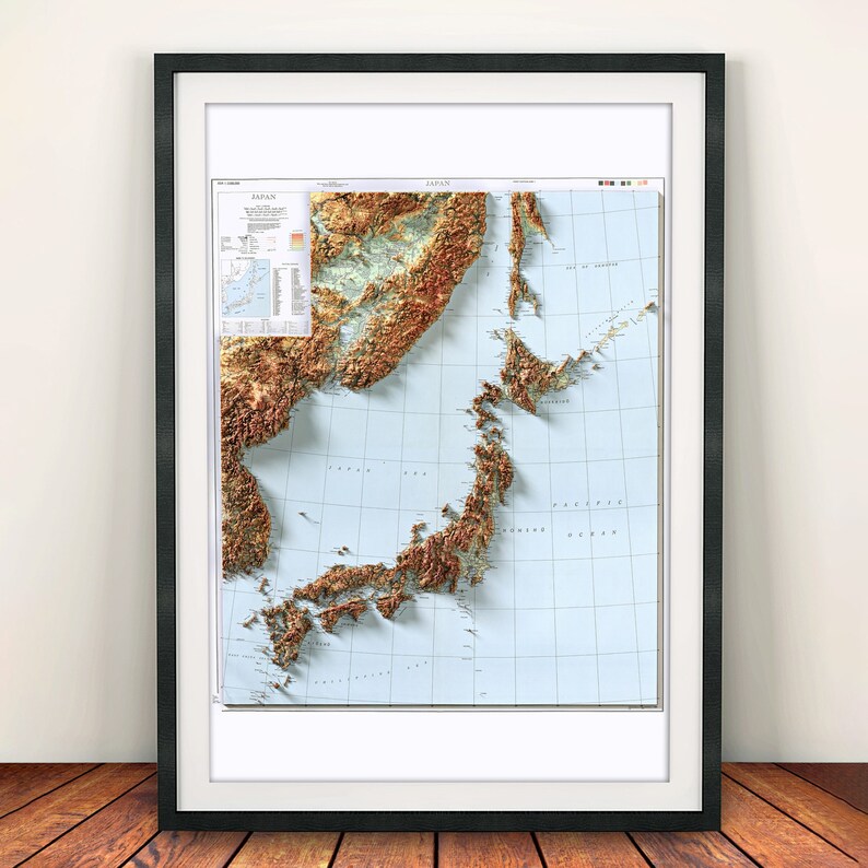 Japan Topographic Map of 1945 2D Poster Shaded Relief Map, Fine Art ...