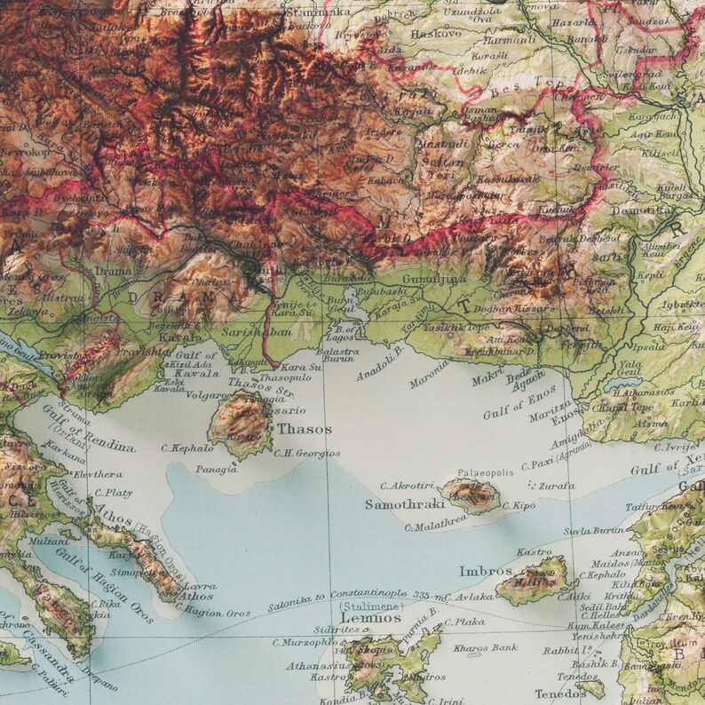Greece Topographic Map of 1922 2D Poster Shaded Relief Map, Fine Art ...