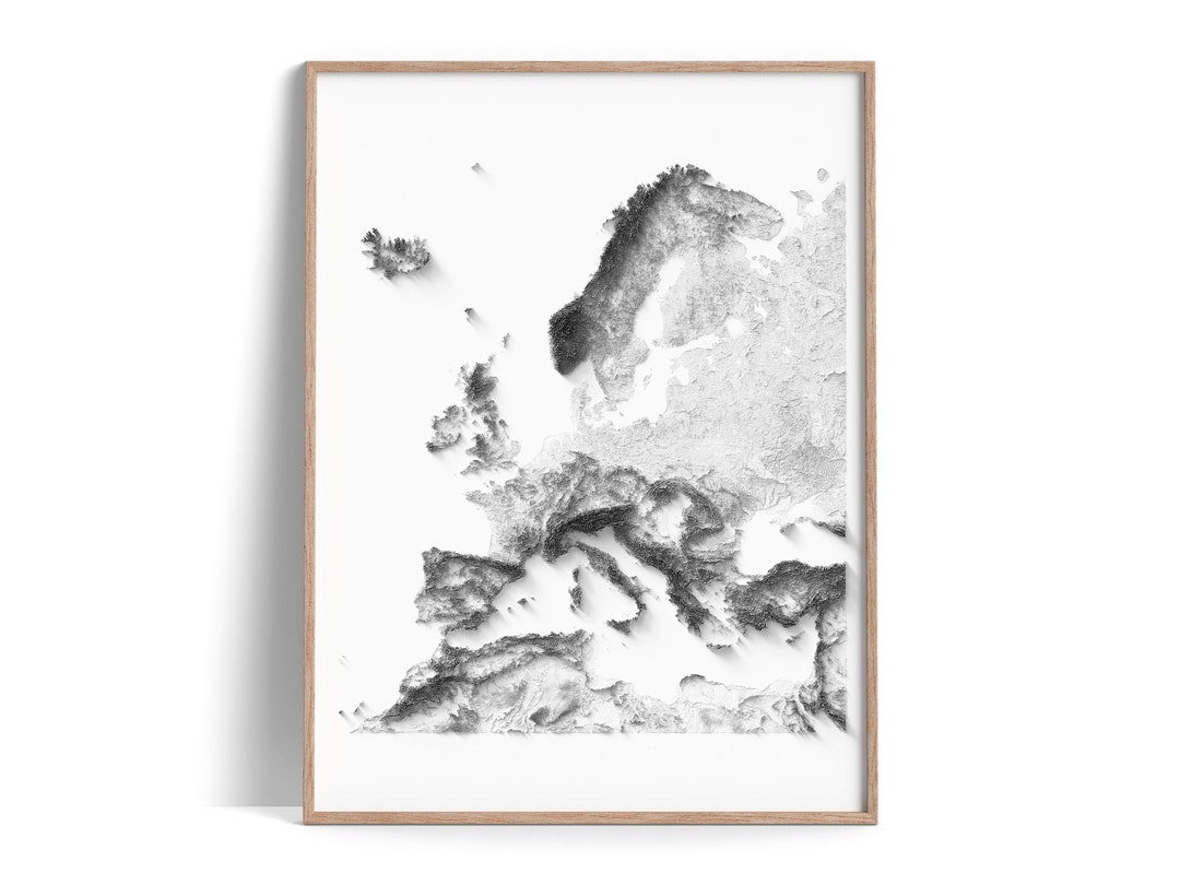 Europe Elevation Tint Map White 2D Poster Shaded Relief Map - Etsy