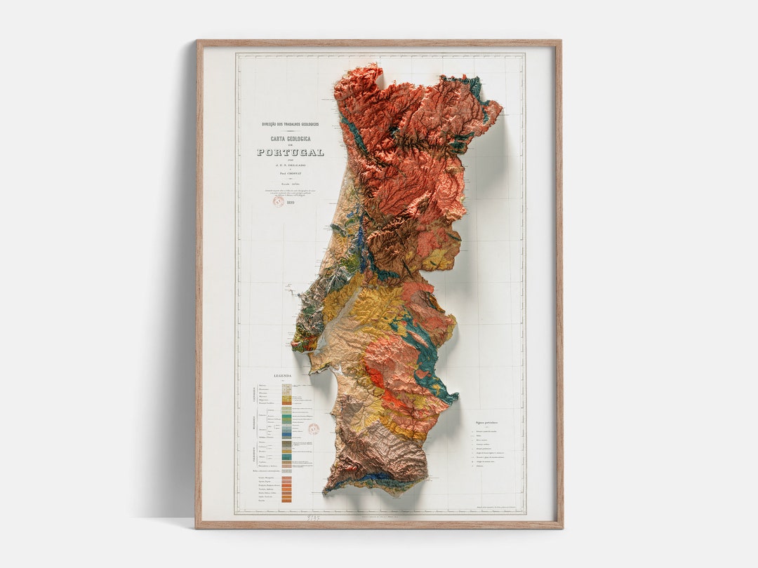Portugal Geological Map of 1899 2D Poster Shaded Relief Map, Fine Art ...