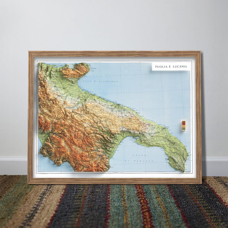 Apulia and Lucania (italy) Topographic Map of 1950 - 2D Poster Shaded ...