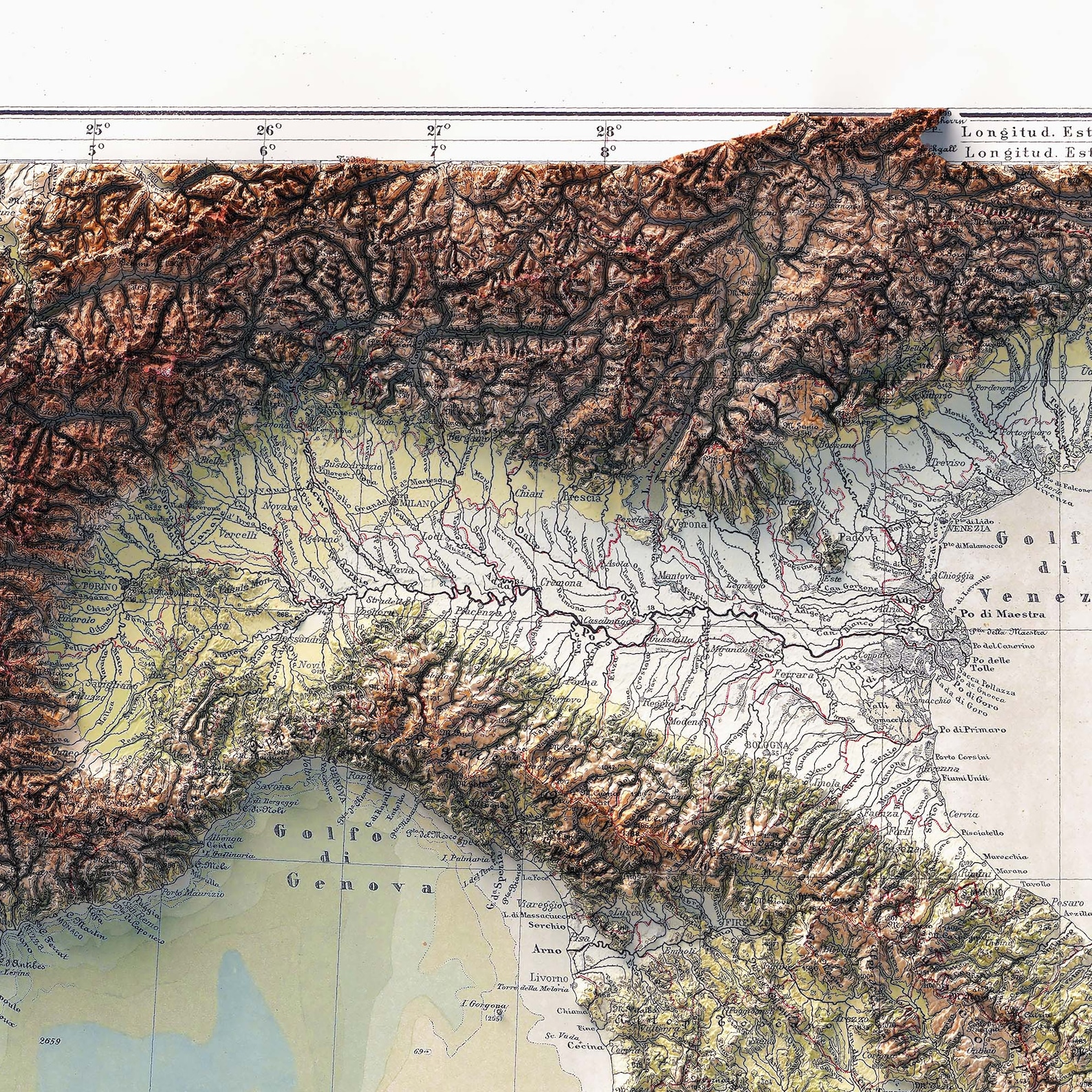 Italy Topographic Map of 1888 - 2D Poster Shaded Relief Map, Fine Art ...