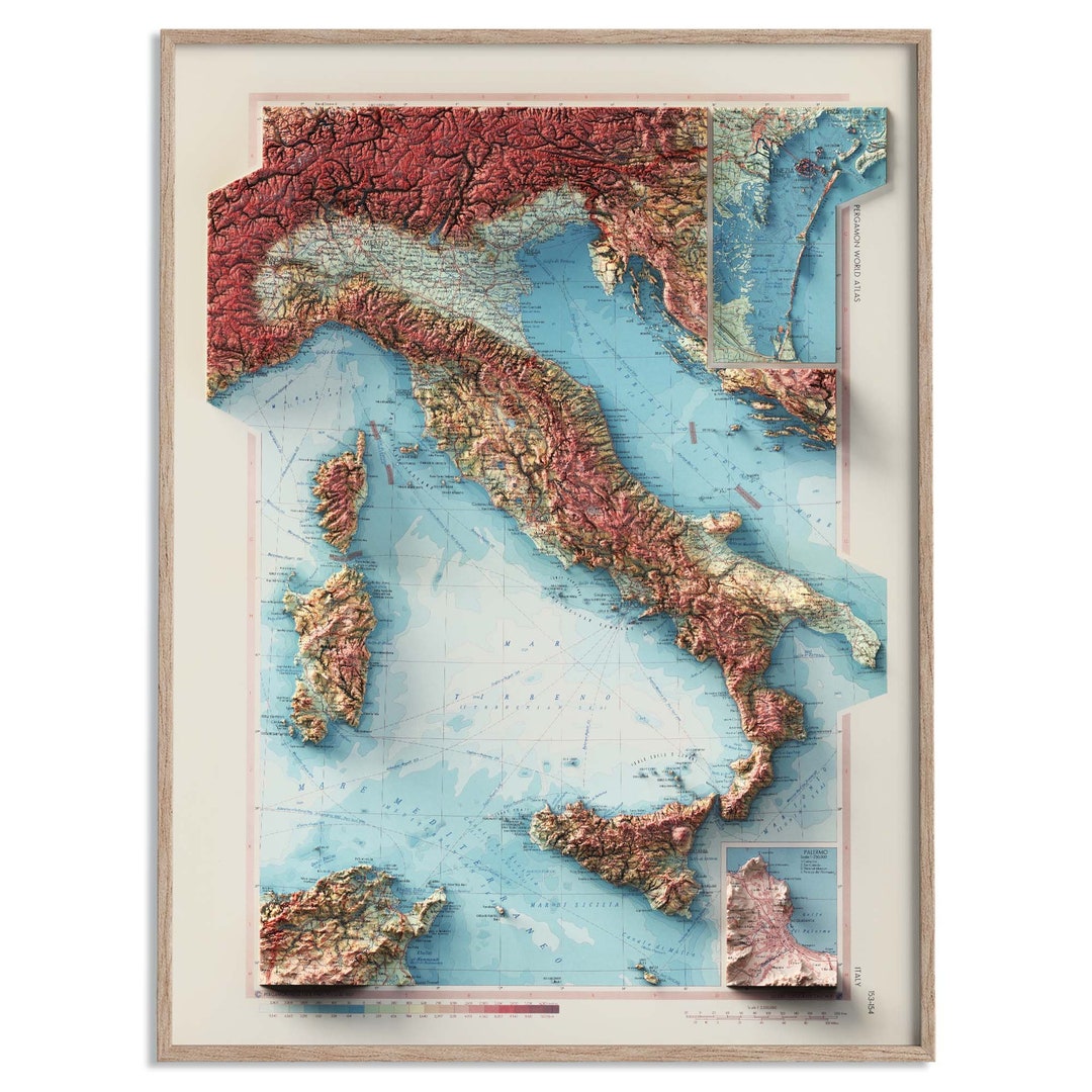 Italy Topographic Map of 1967 - 2D Poster Shaded Relief Map, Fine Art ...