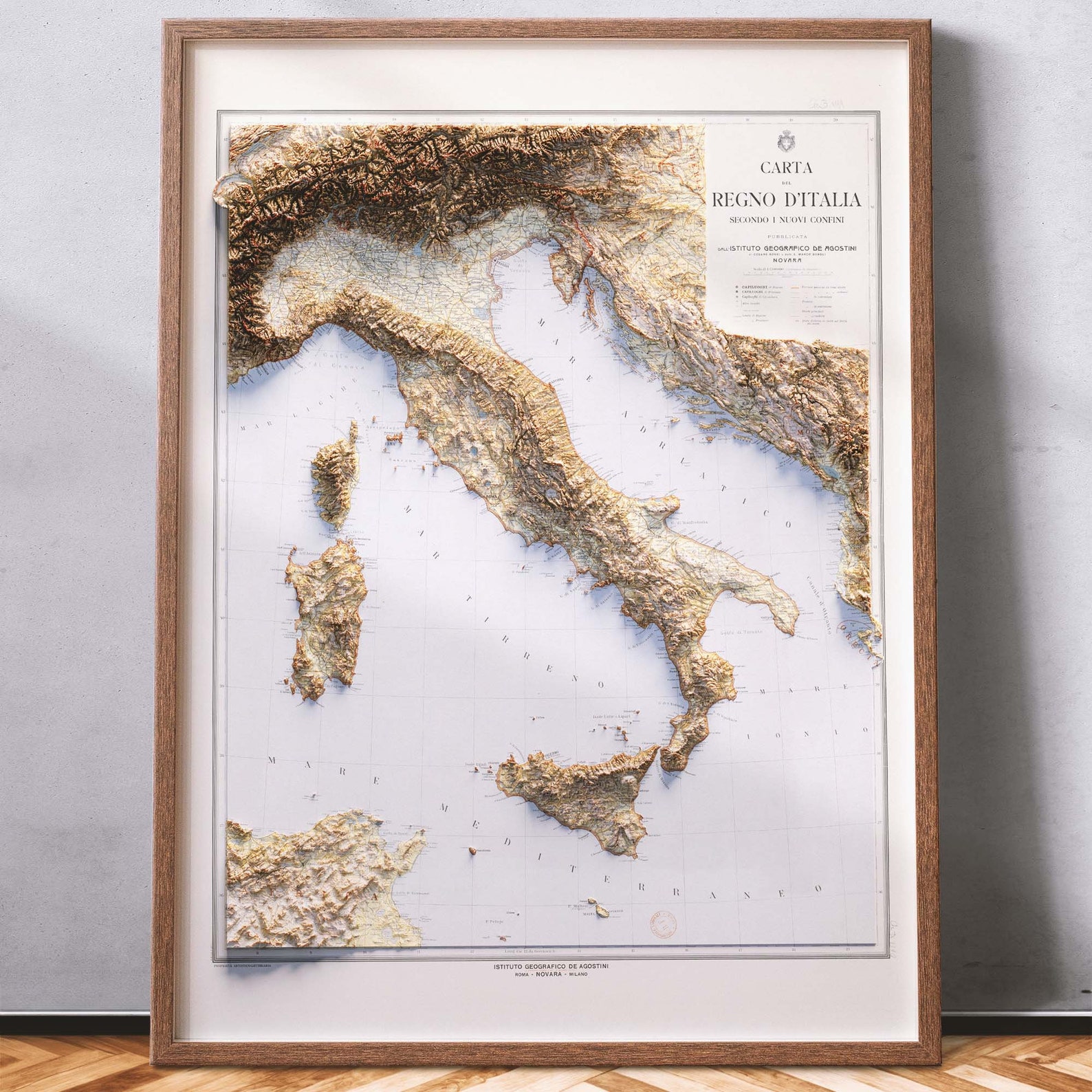 Italy Topographic Map of 1922 - 2D Poster Shaded Relief Map, Fine Art ...