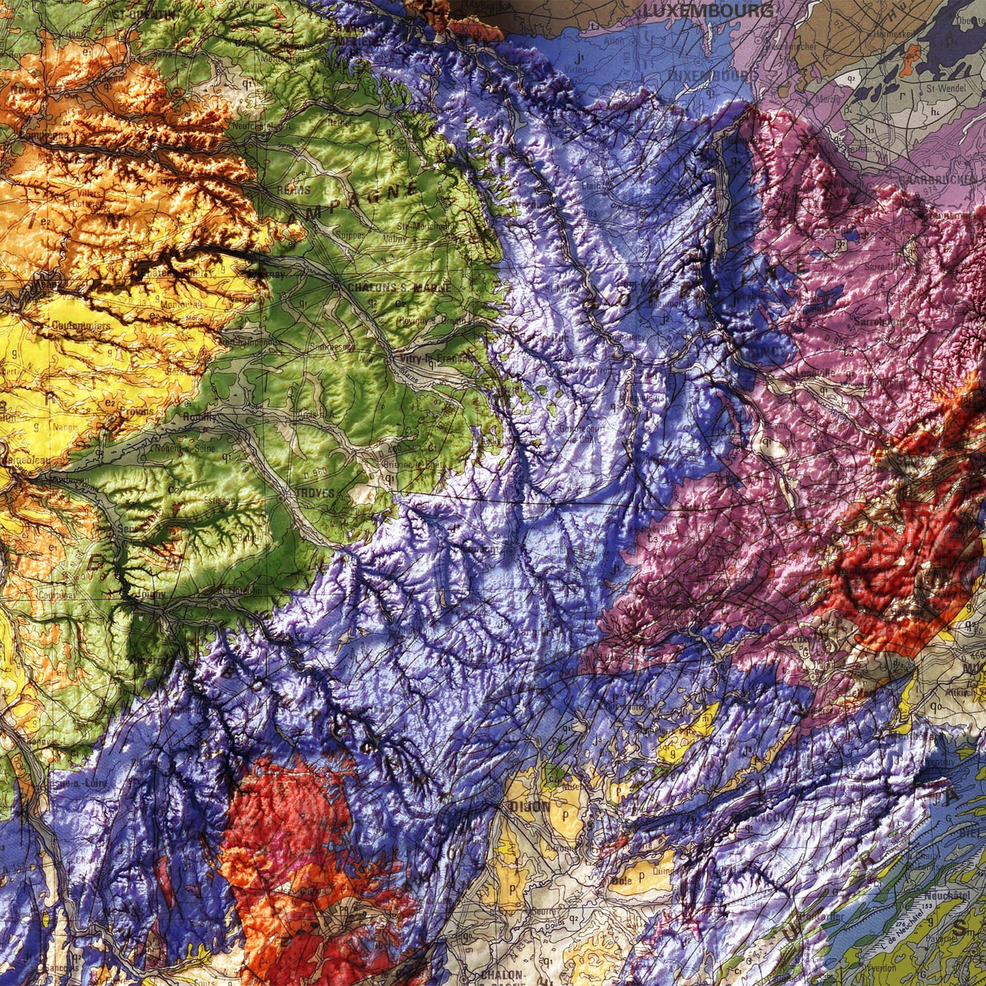 France Geological Map of 1980 2D Poster Shaded Relief Map, Fine Art ...