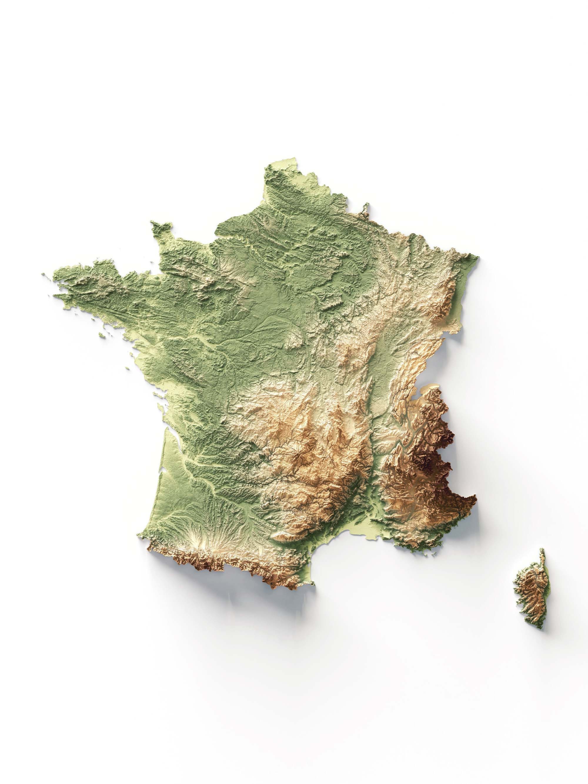 France Elevation Map (geo) - 2D Poster Shaded Relief Map, Fine Art Wall ...