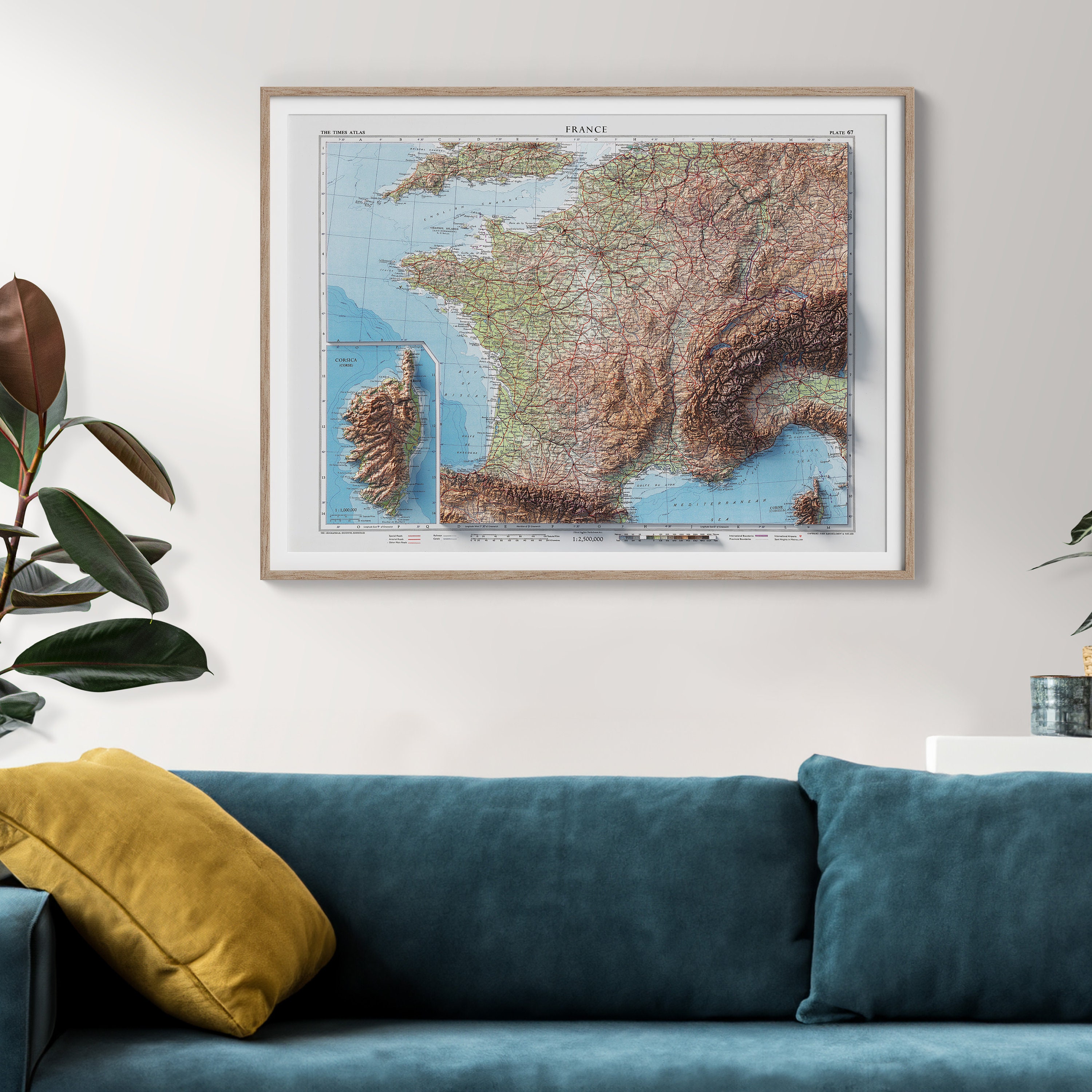 France Topographic Map of 1955 2D Poster Shaded Relief Map, Fine Art ...