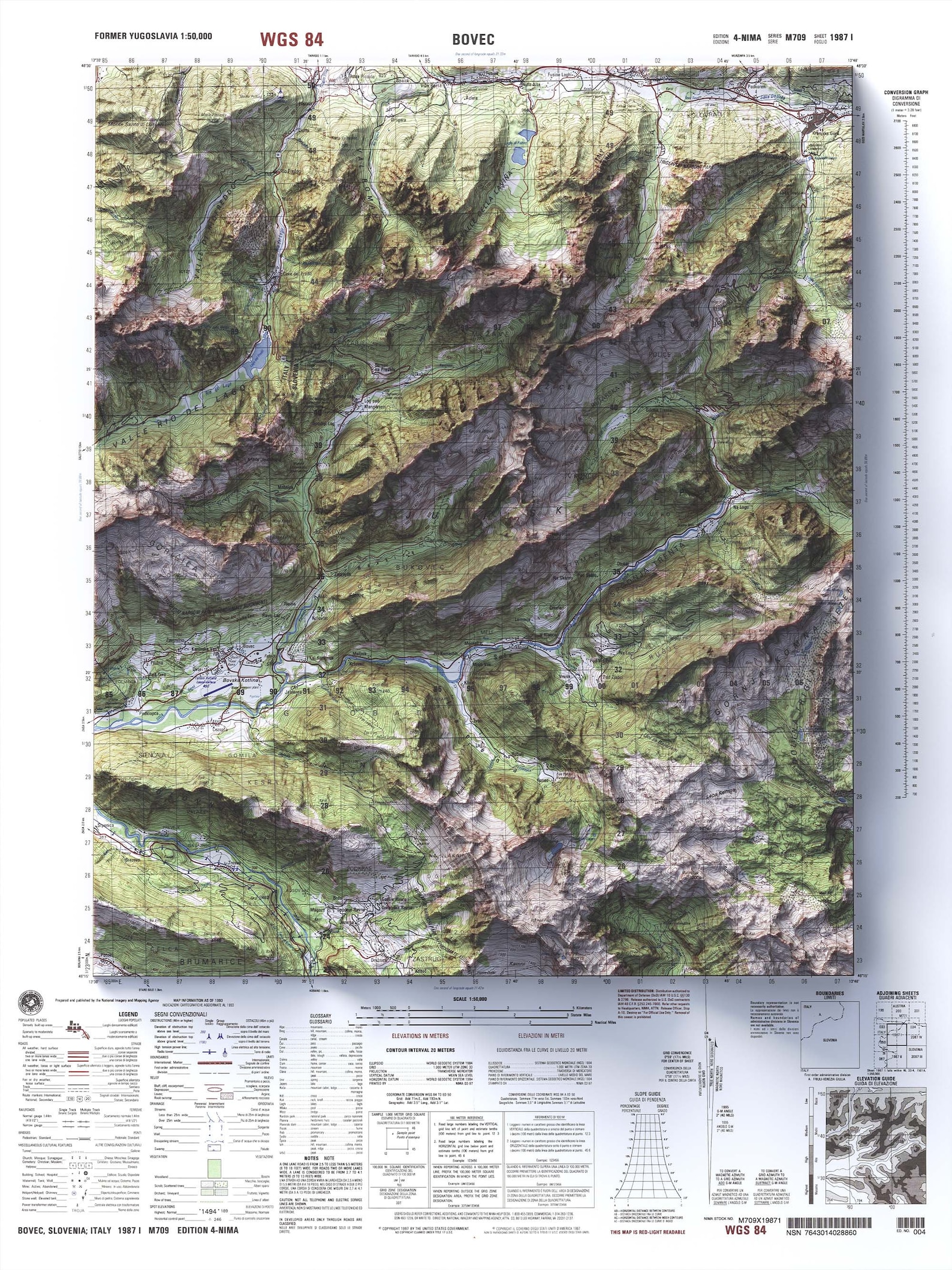 Bovec (slovenia) 1987 Topographic Map: Vintage Flat Shaded Relief Print ...