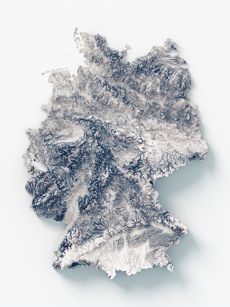 Germany Elevation Map white 2D Poster Shaded Relief Map, Fine Art Wall ...