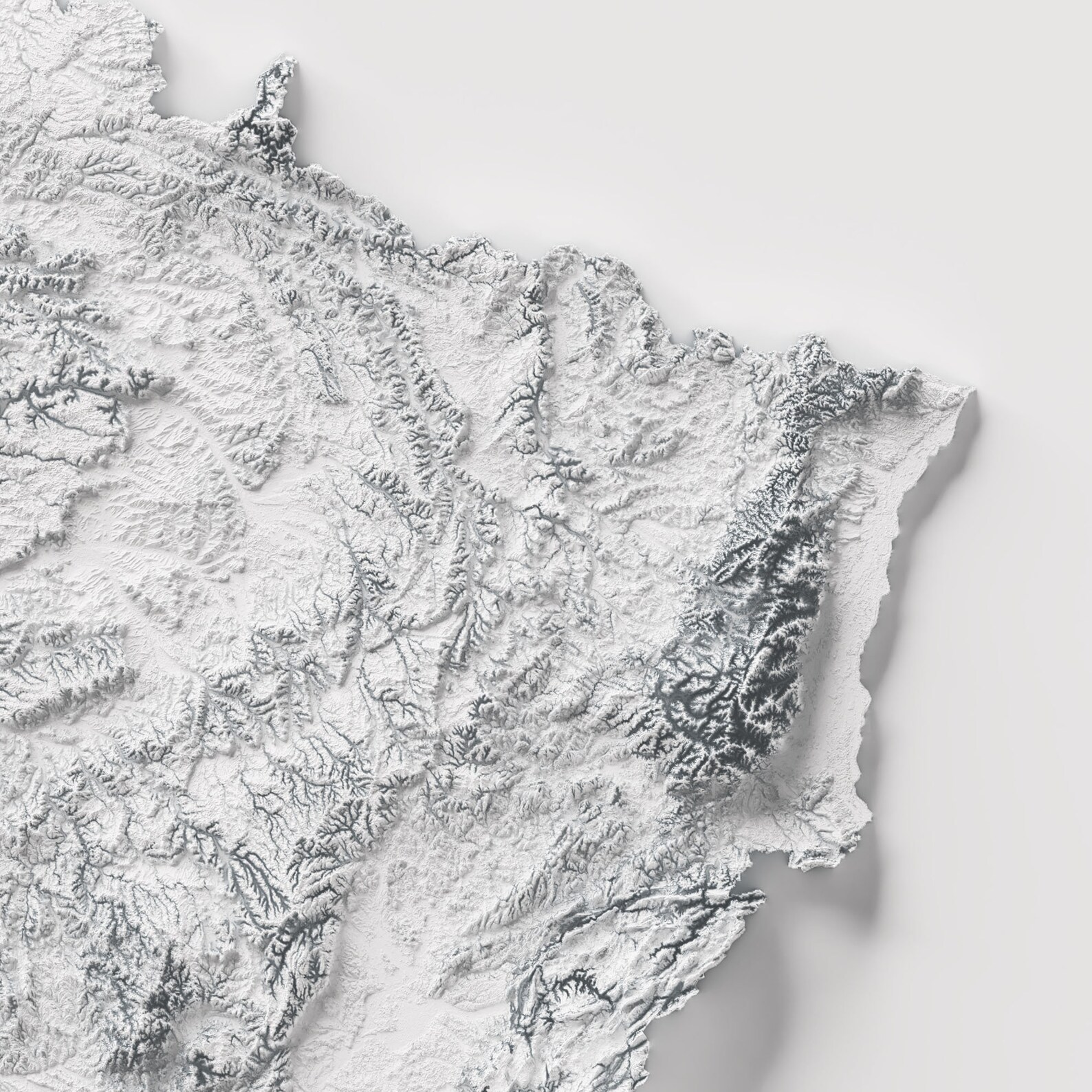 France Elevation Map white 2D Poster Shaded Relief Map, Fine Art Wall ...
